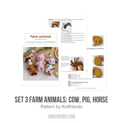 SET 3 farm animals: cow, pig, horse amigurumi pattern - Amigurumi.com